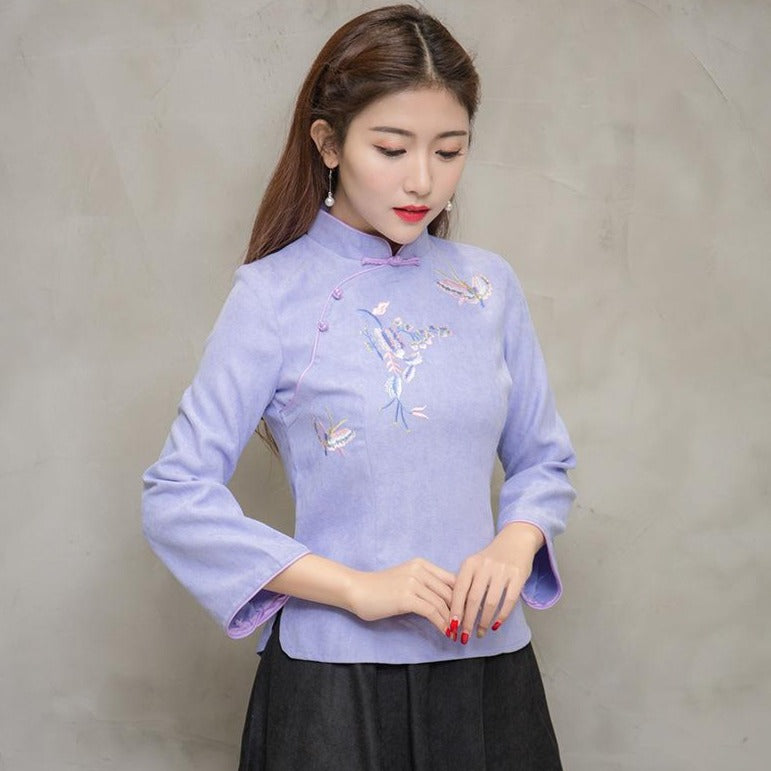 Floral & Butterfly Embroidery Cheongsam Top Traditional Chinese Shirt ...