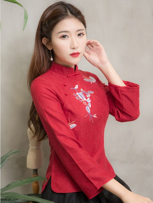 Floral & Butterfly Embroidery Cheongsam Top Traditional Chinese Shirt ...