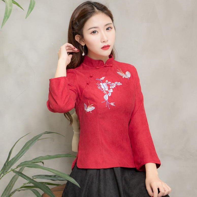 Floral & Butterfly Embroidery Cheongsam Top Traditional Chinese Shirt ...