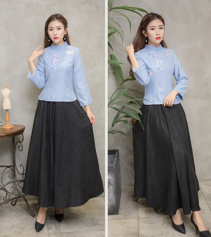 Floral & Butterfly Embroidery Cheongsam Top Traditional Chinese Shirt ...