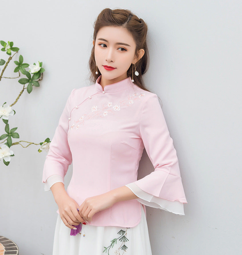 Mandarin Sleeve Floral Embroidery Cheongsam Top Traditional Chinese Sh ...
