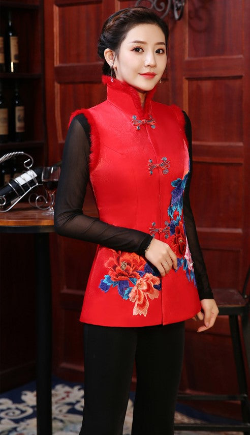 Floral Embroidery Cheongsam Top Fur Edge Chinese Wadded Waistcoat Vest ...