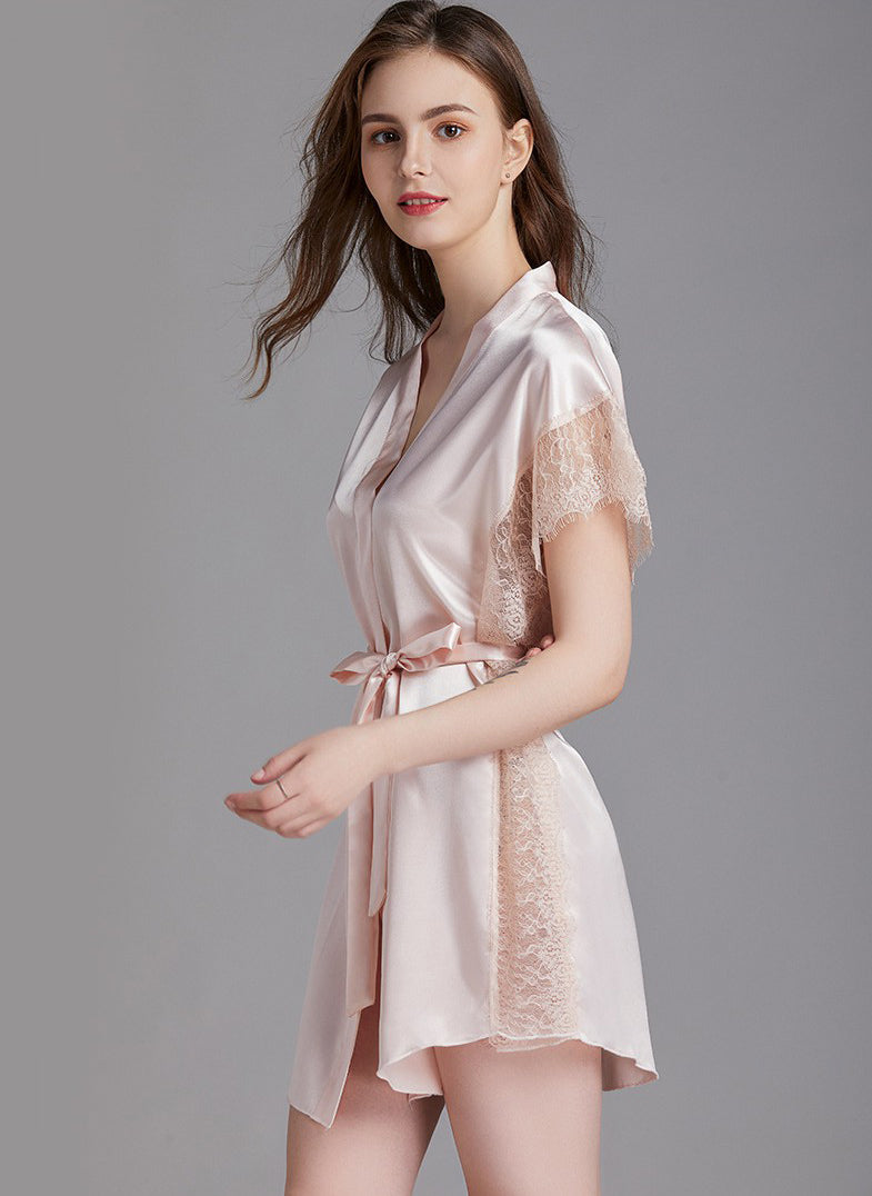 Cocktail Length Silk Lace Trimmed Sleepwear Pyjamas Morning Robe ...