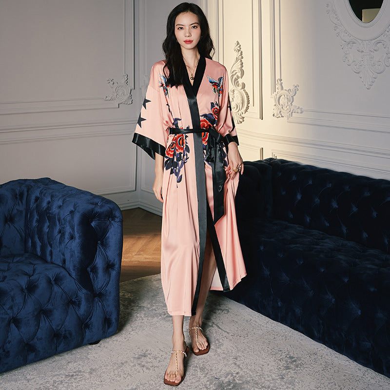 V Neck Full Length Bird & Floral Silk Sleepwear Pyjamas Morning Robe ...