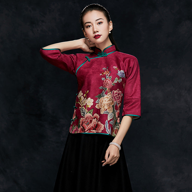 Mandarin Collar Half Sleeve Cheongsam Top Floral Chinese Shirt – IDREAMMART