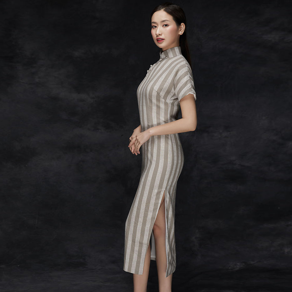 Traditional Signature Cotton Cheongsam Chinese Dress with Stripes Patt ...