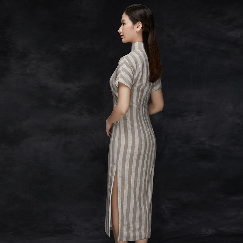 Traditional Signature Cotton Cheongsam Chinese Dress with Stripes Patt ...