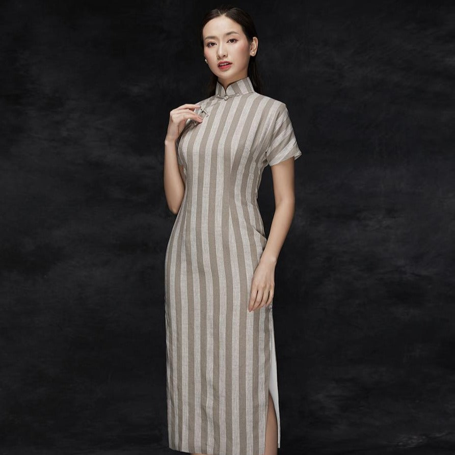 Traditional Signature Cotton Cheongsam Chinese Dress with Stripes Patt ...