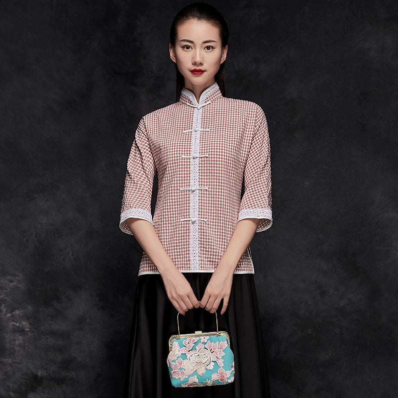 Half Sleeve Mandarin Collar Checks Pattern Traditional Chinese Shirt ...