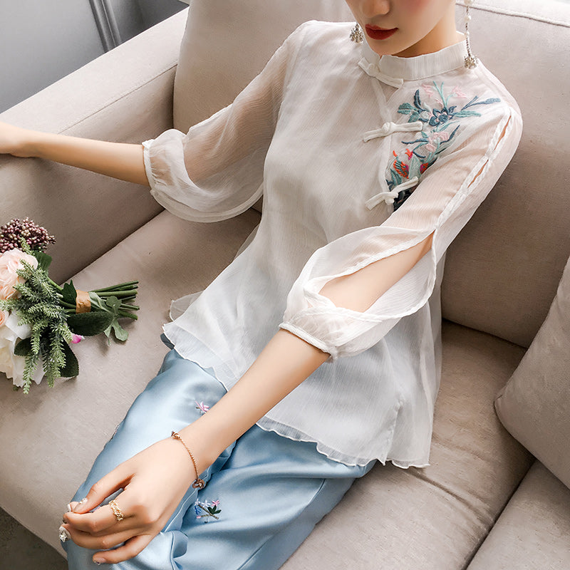 Mandarin Collar Floral Embroidery Cheongsam Top Chinese Shirt – IDREAMMART