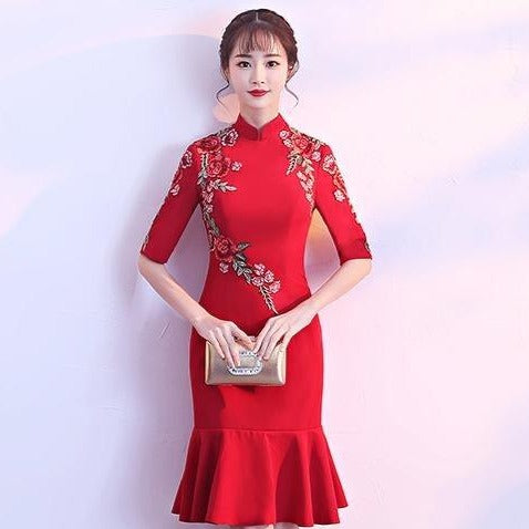Cheongsam Top Half Sleeve Ruffle Skirt Chinese Wedding Party Dress ...