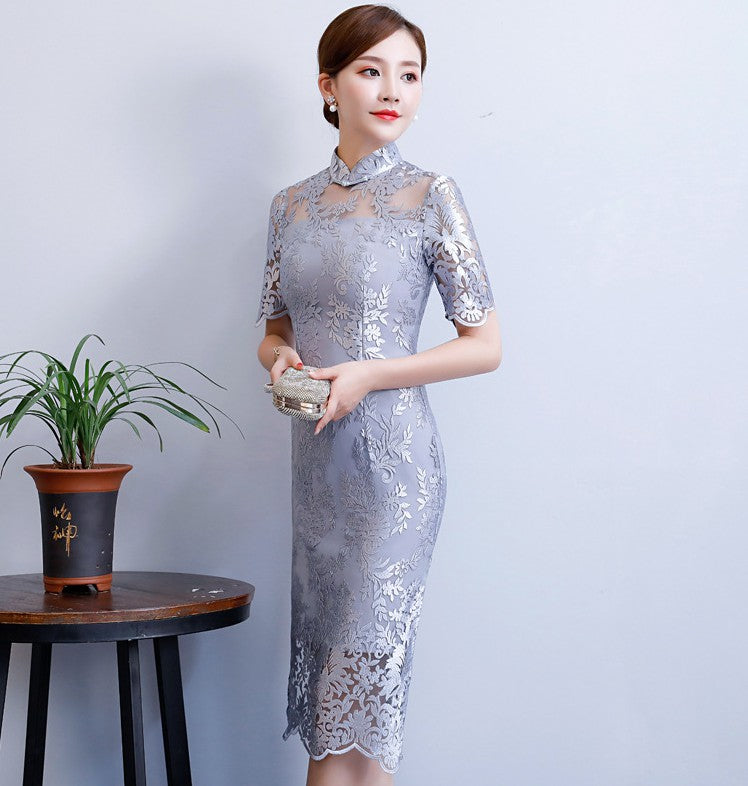 Retro Lace Appliques Knee Length Cheongsam Chinese Dress – IDREAMMART