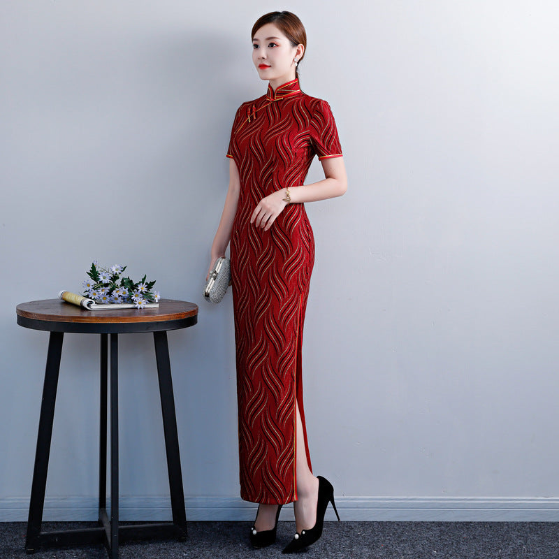 Short Sleeve Mandarin Collar Traditional Cheongsam Lace Chinese Dress ...