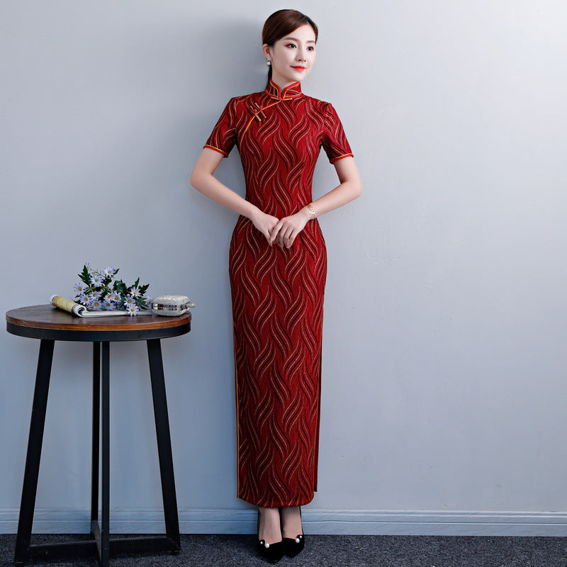 Short Sleeve Mandarin Collar Traditional Cheongsam Lace Chinese Dress ...