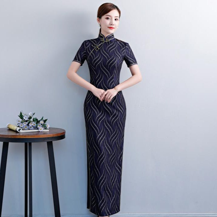 Short Sleeve Mandarin Collar Traditional Cheongsam Lace Chinese Dress ...