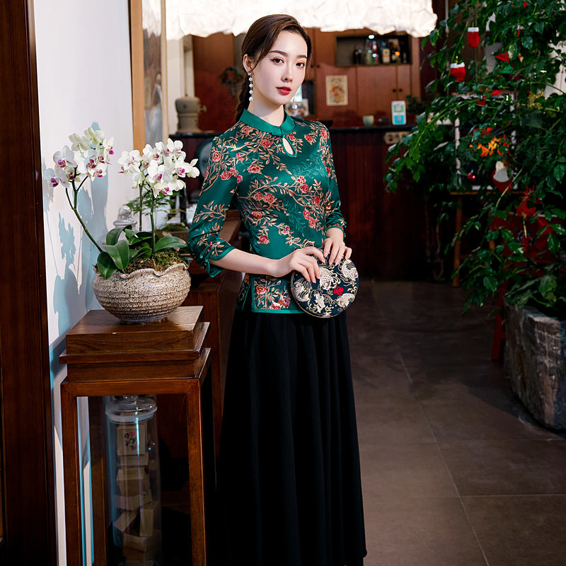 3/4 Sleeve Floral Silk Blend Cheongsam Top Elegant Chinese Blouse ...