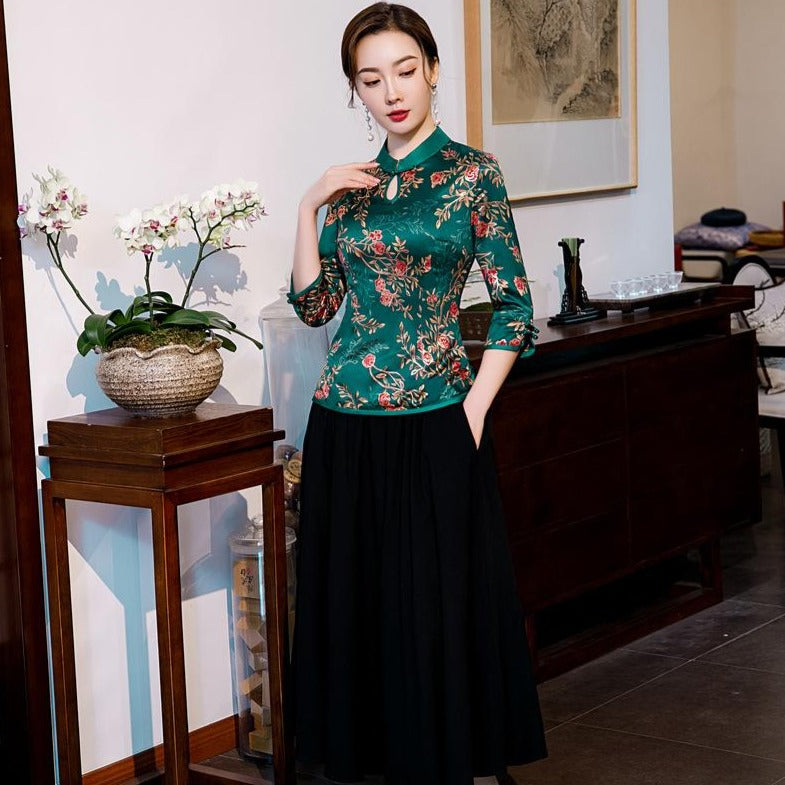3/4 Sleeve Floral Silk Blend Cheongsam Top Elegant Chinese Blouse ...