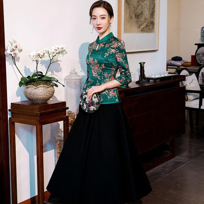 3/4 Sleeve Floral Silk Blend Cheongsam Top Elegant Chinese Blouse ...