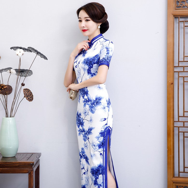 Short Sleeve Mandarin Collar Floral Silk Traditional Cheongsam Chinese ...