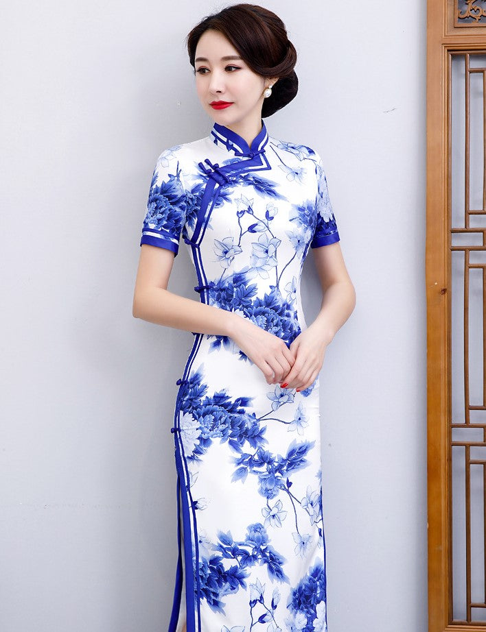 Short Sleeve Mandarin Collar Floral Silk Traditional Cheongsam Chinese ...