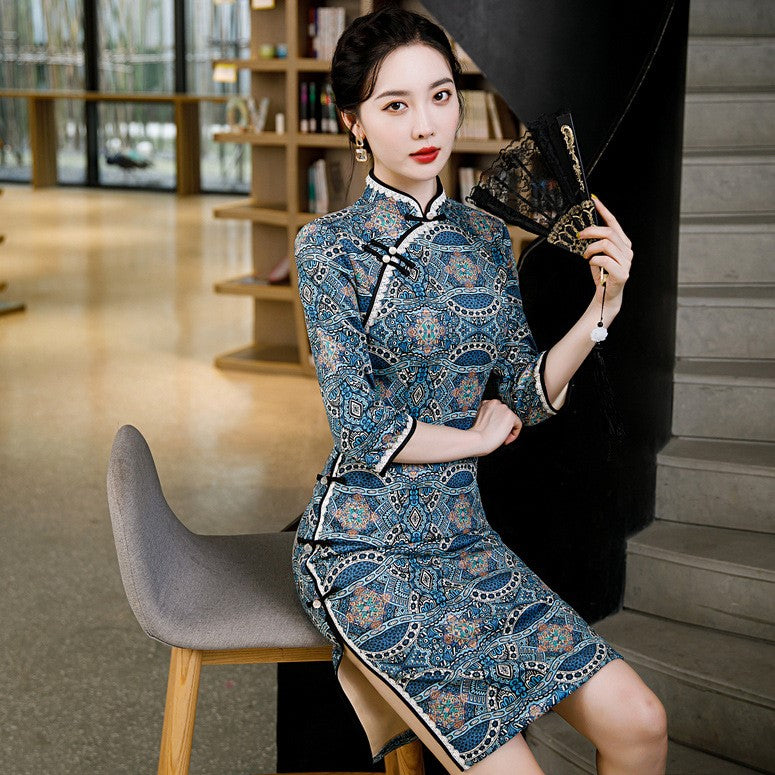 Knee Length Bodycon Traditional Cheongsam Paisley Suede Chinese Dress ...