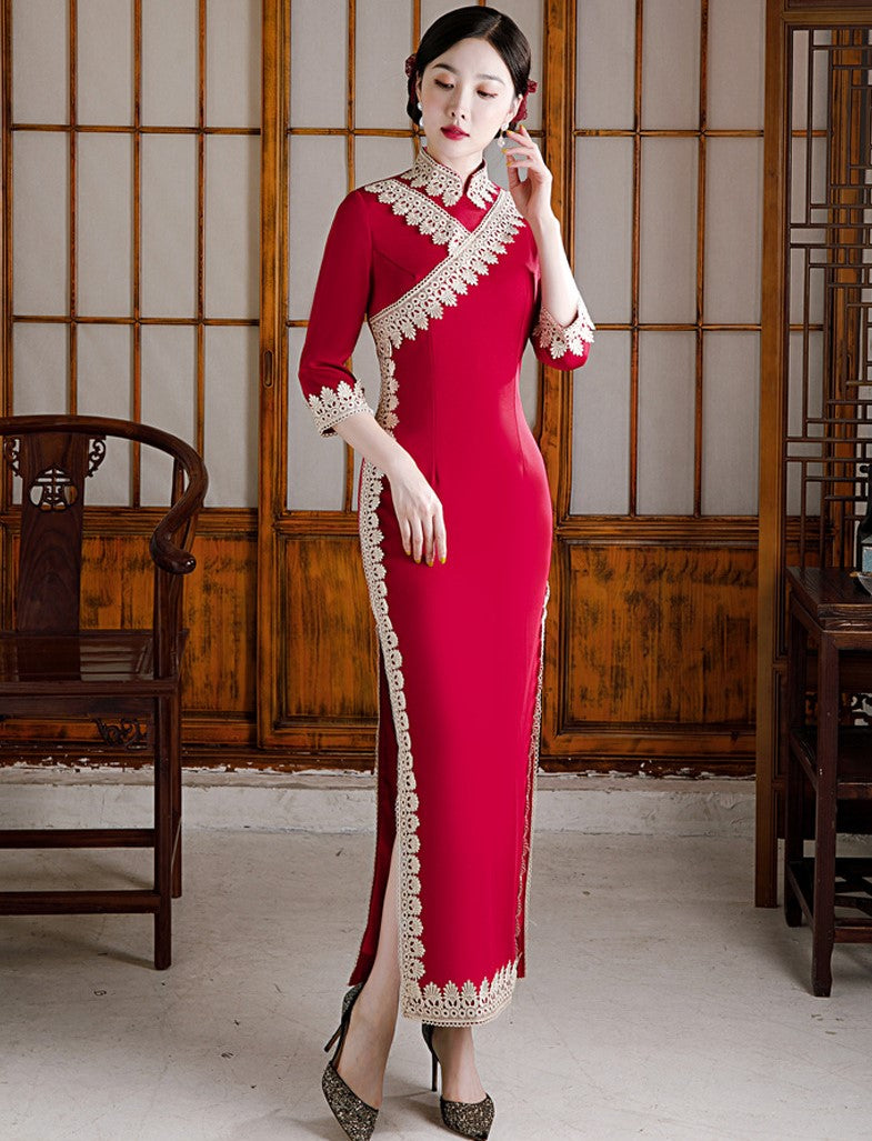 Full Length Traditional Cheongsam Silk Chinese Dress with Floral Lace ...
