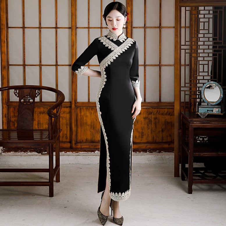 Full Length Traditional Cheongsam Silk Chinese Dress with Floral Lace ...