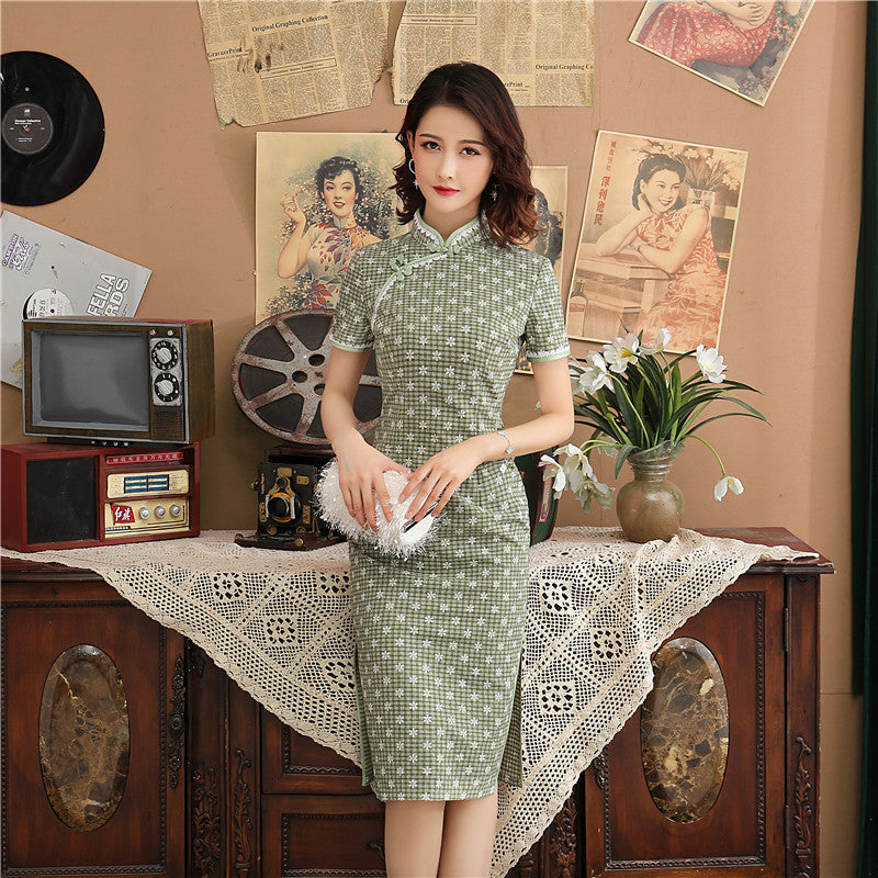 Short Sleeve Knee Length Cheongsam Bodycon Floral Chinese Dress ...