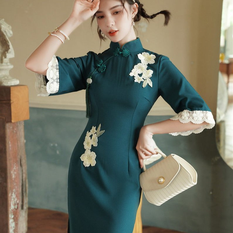 Trumpet Sleeve Modern Cheongsam Day Dress with Floral Lace Edge ...