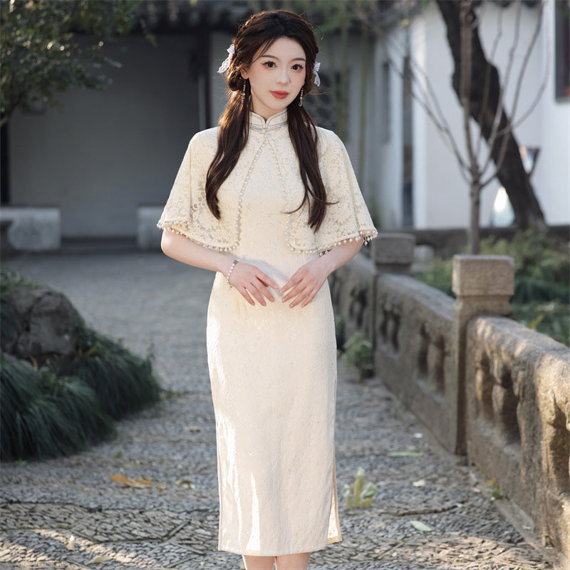 Stunning and Graceful Two-Piece Set of Cheongsam Dress and Shawl in Co ...