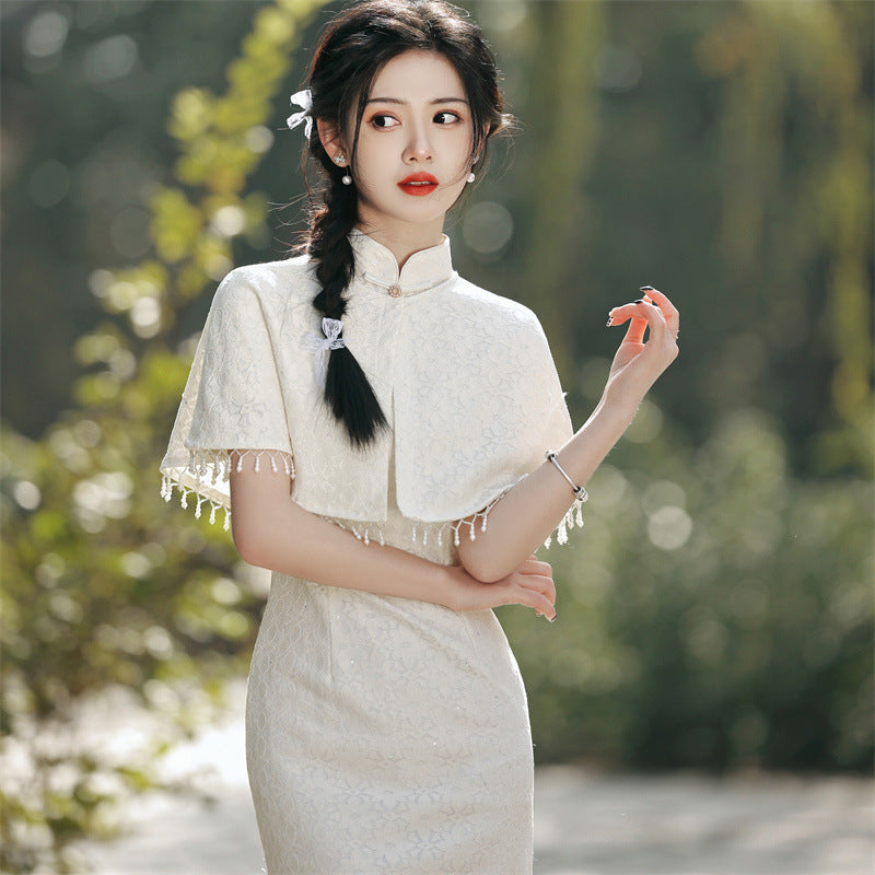 Stunning and Retro Two-Piece Set of Cheongsam Dress and Shawl in Compo ...