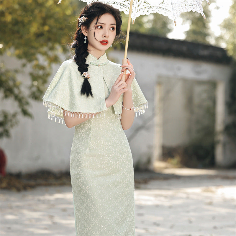 Stunning and Retro Two-Piece Set of Cheongsam Dress and Shawl in Compo ...