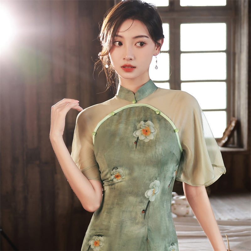Round Collar Retro Qipao with Flared Sleeves and Embroidery – IDREAMMART