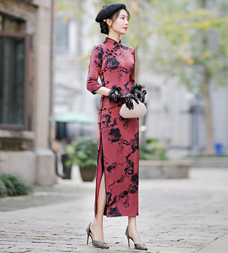 Floral Silk Blend Full Length Cheongsam Mother Dress – IDREAMMART