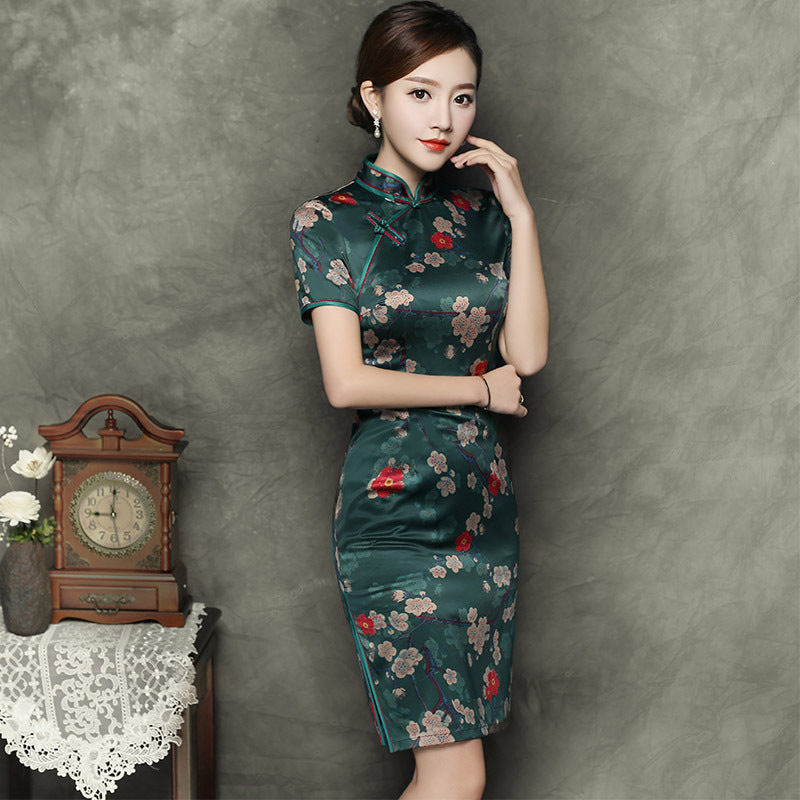 Short Sleeve Silk Blend Cheongsam Mini Floral Chinese Dress – IDREAMMART