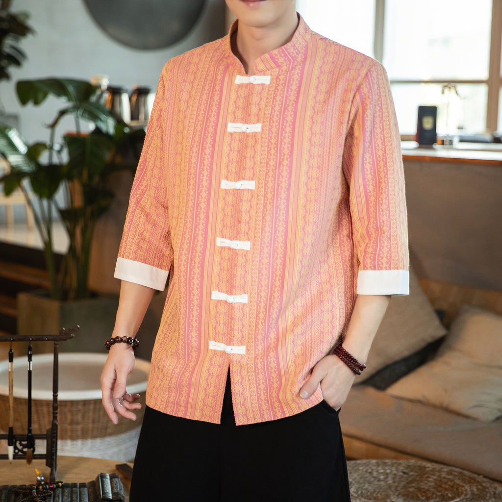 3/4 Sleeve Striped Signature Cotton Chinese Style Casual Shirt – IDREAMMART