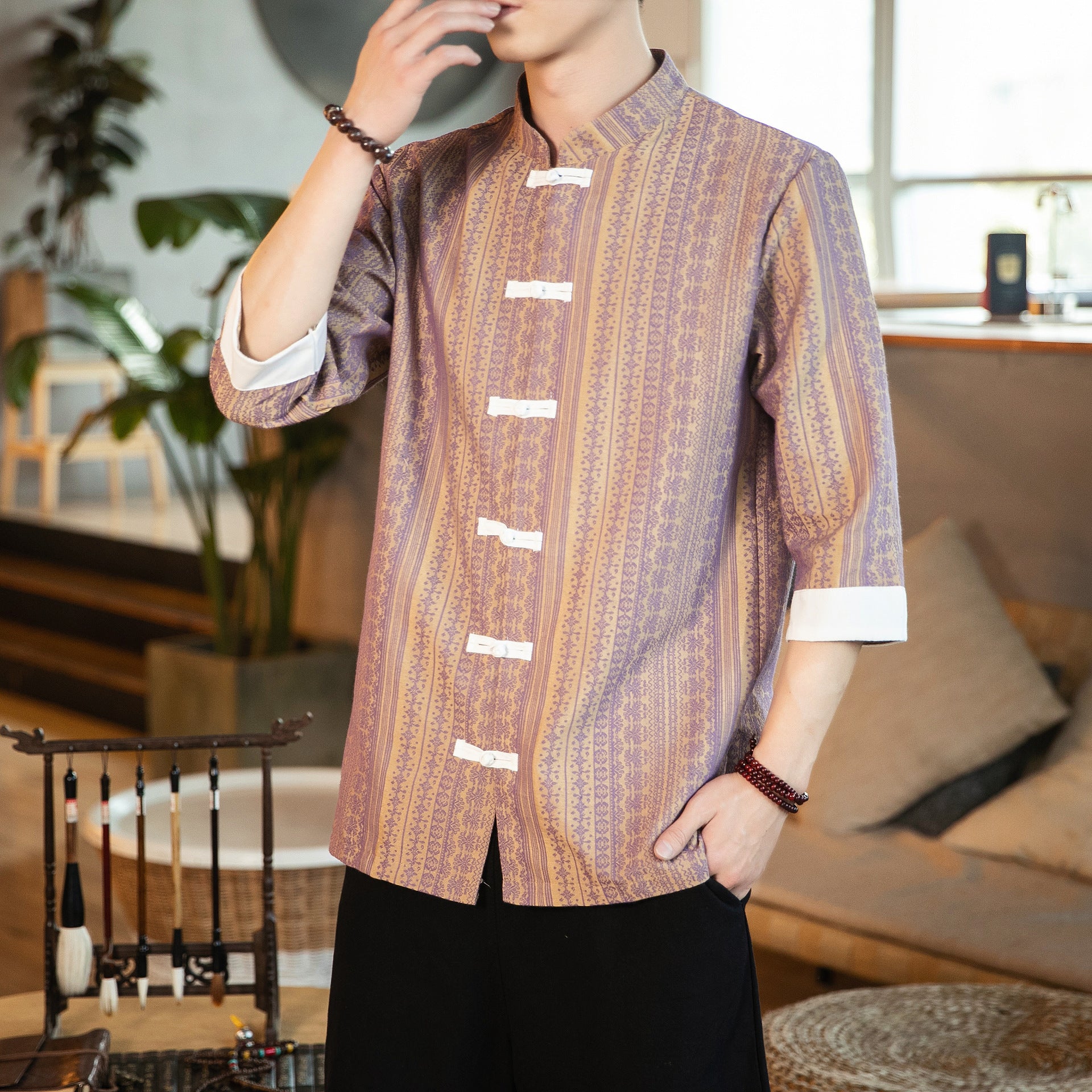 3/4 Sleeve Striped Signature Cotton Chinese Style Casual Shirt – IDREAMMART