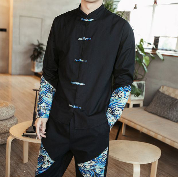 Long Sleeve Colorblock Signature Cotton Chinese Shirt – IDREAMMART
