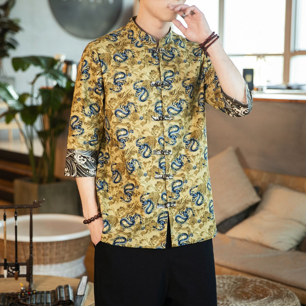 Long Sleeve Dragon Pattern Signature Cotton Chinese Shirt – IDREAMMART