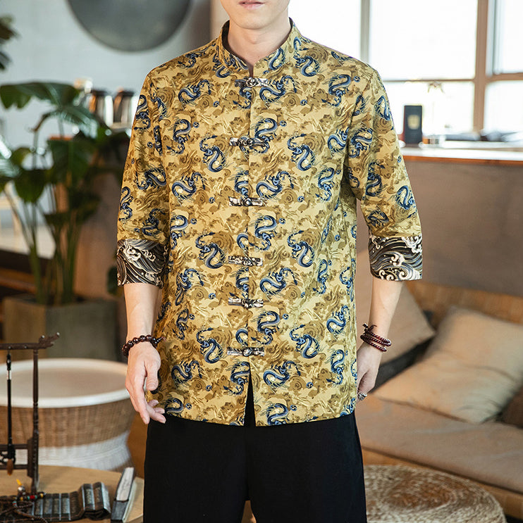 Long Sleeve Dragon Pattern Signature Cotton Chinese Shirt – IDREAMMART