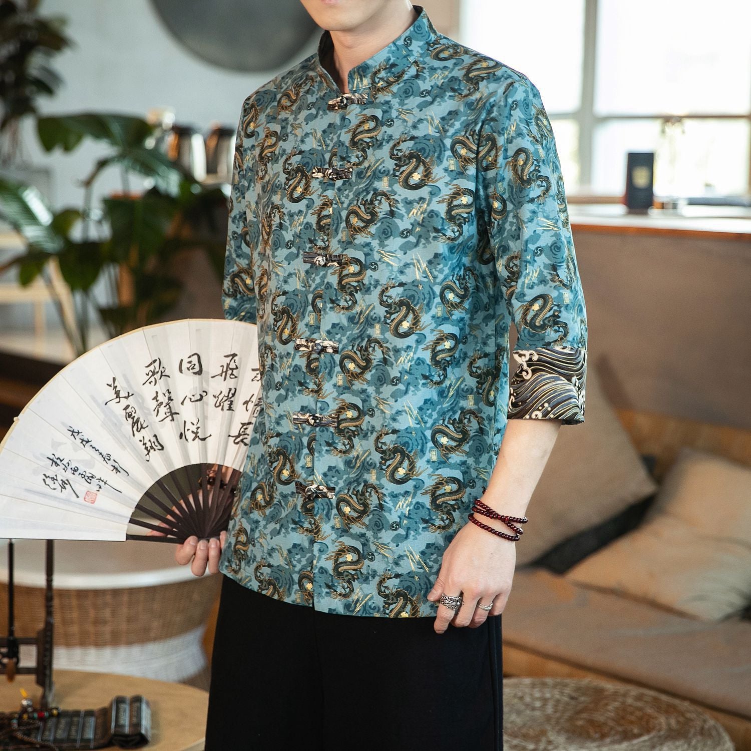 Long Sleeve Dragon Pattern Signature Cotton Chinese Shirt – IDREAMMART