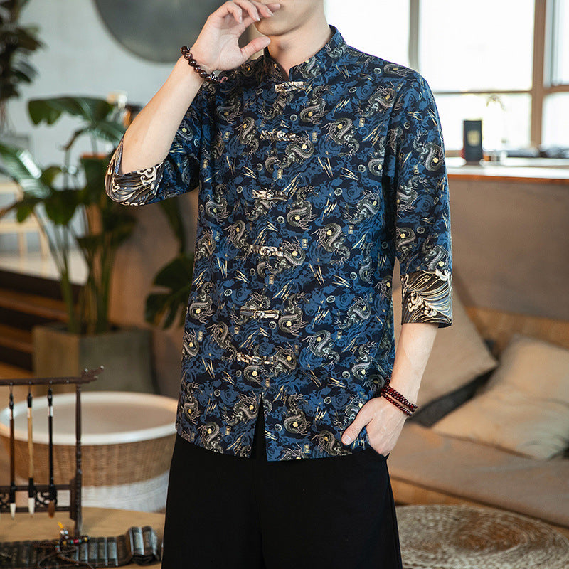 Long Sleeve Dragon Pattern Signature Cotton Chinese Shirt – IDREAMMART