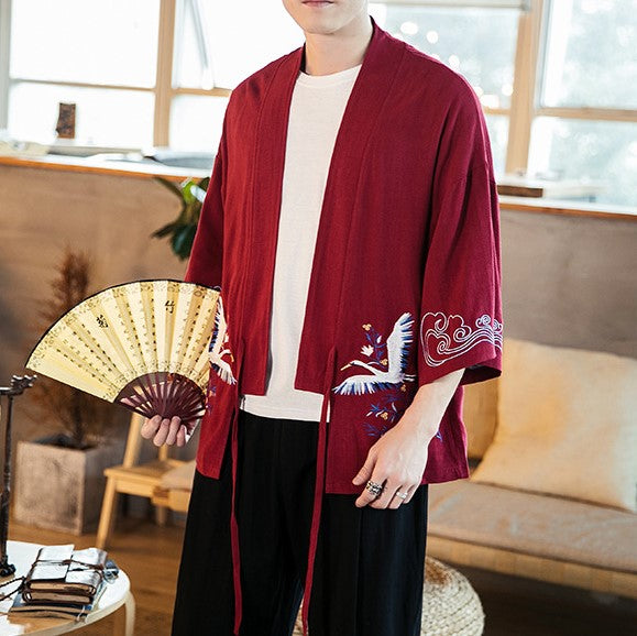 Crane Embroidery Men's Cardigan Kimono Shirt Samurai Costume – IDREAMMART