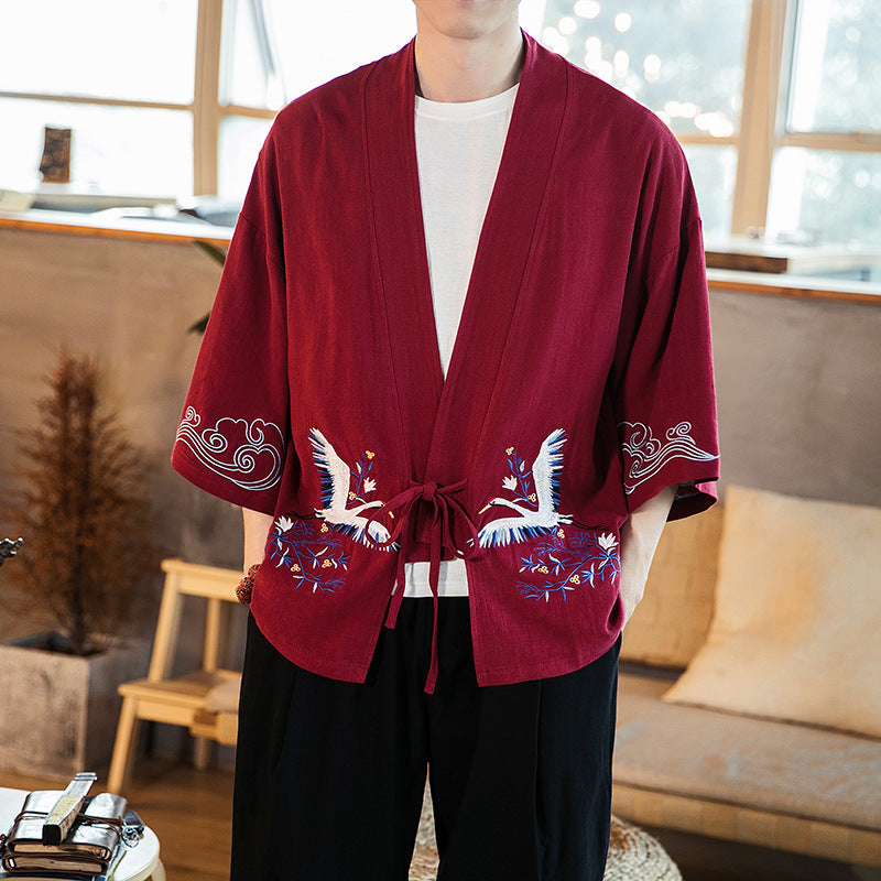 Crane Embroidery Men's Cardigan Kimono Shirt Samurai Costume – IDREAMMART