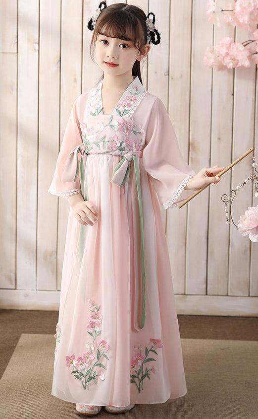 Trumpet Sleeve Floral Embroidery Girl's Han Chinese Costume Princess D ...