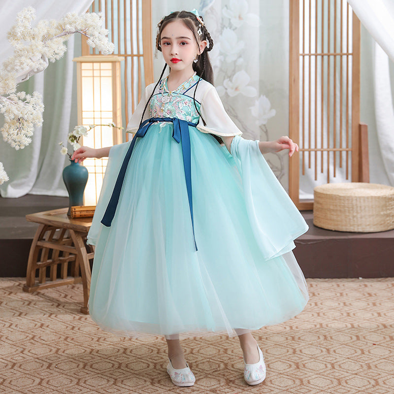 Half Sleeve Floral Embroidery Girl's Han Chinese Costume Princess Dres ...