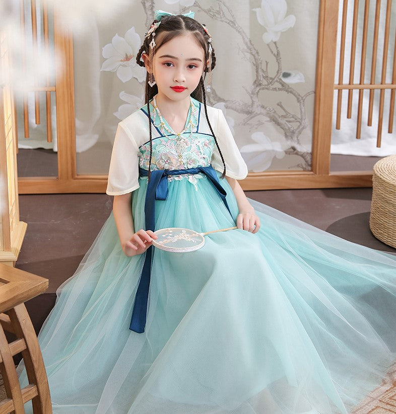 Half Sleeve Floral Embroidery Girl's Han Chinese Costume Princess Dres ...