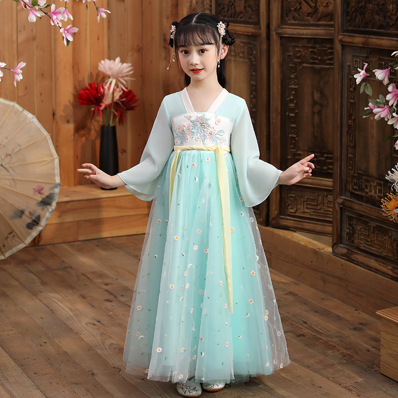 Trumpet Sleeve Floral Embroidery Girl's Han Chinese Costume Princess D ...