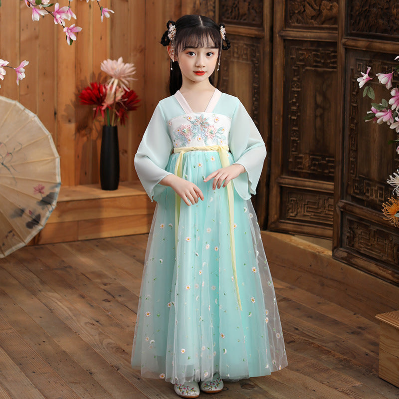 Trumpet Sleeve Floral Embroidery Girl's Han Chinese Costume Princess D ...