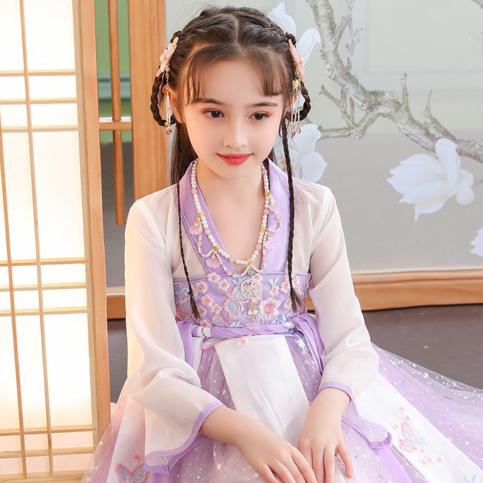 Trumpet Sleeve Floral Embroidery Girl's Han Chinese Costume Princess D ...